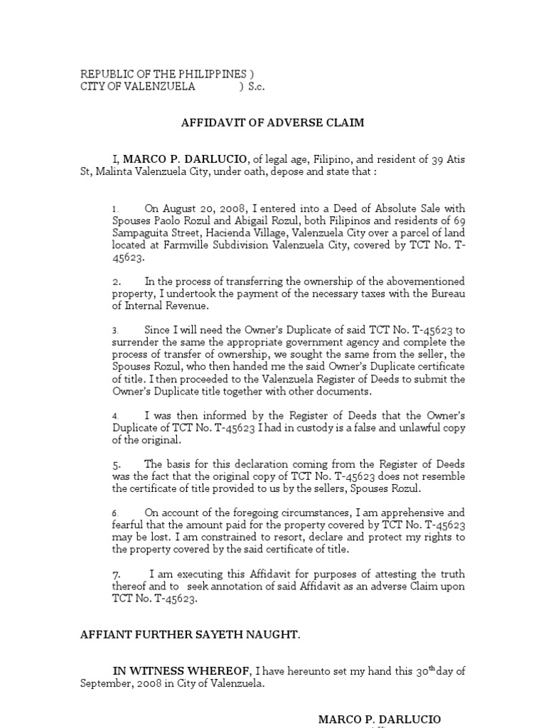 Affidavit of Adverse Claim Example | PDF | Social Science