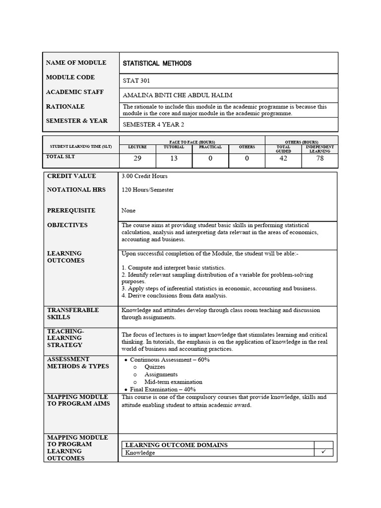Statistical Methods Course Overview | PDF | Probability Distribution ...