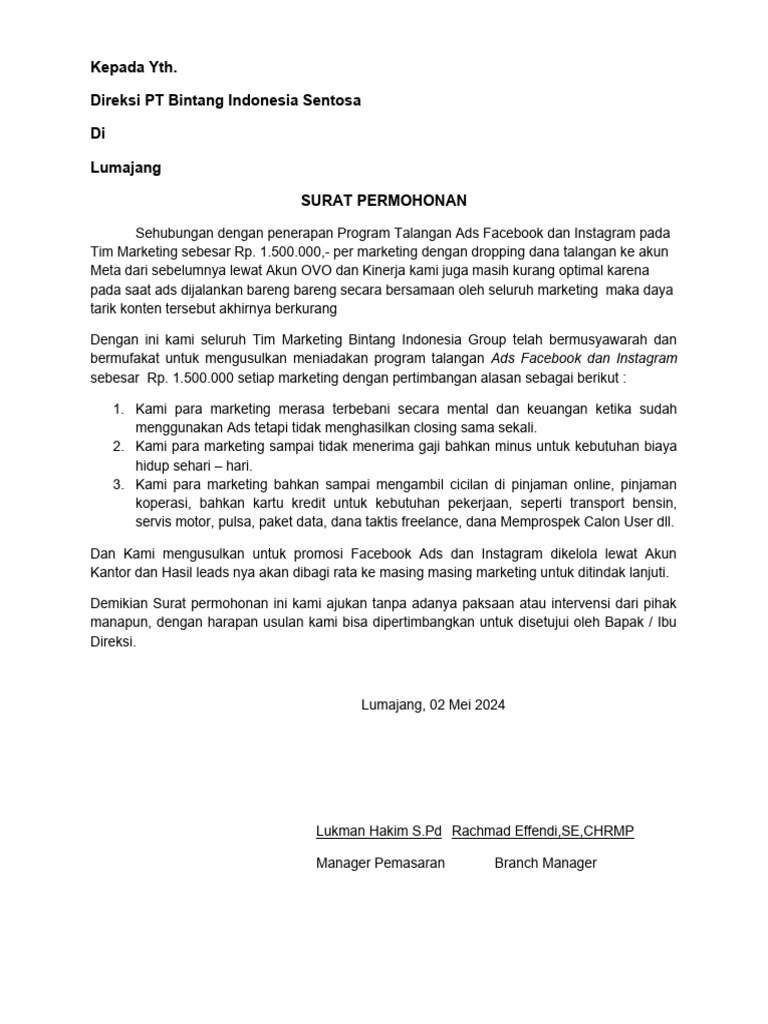 Surat Permohonan Tim Marketing | PDF Surat Permohonan Tim Marketing | PDF