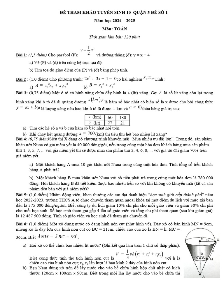 De Thi Thu Vao Lop 10 Mon Toan 2024 Quan 3 Mau So 1 | PDF