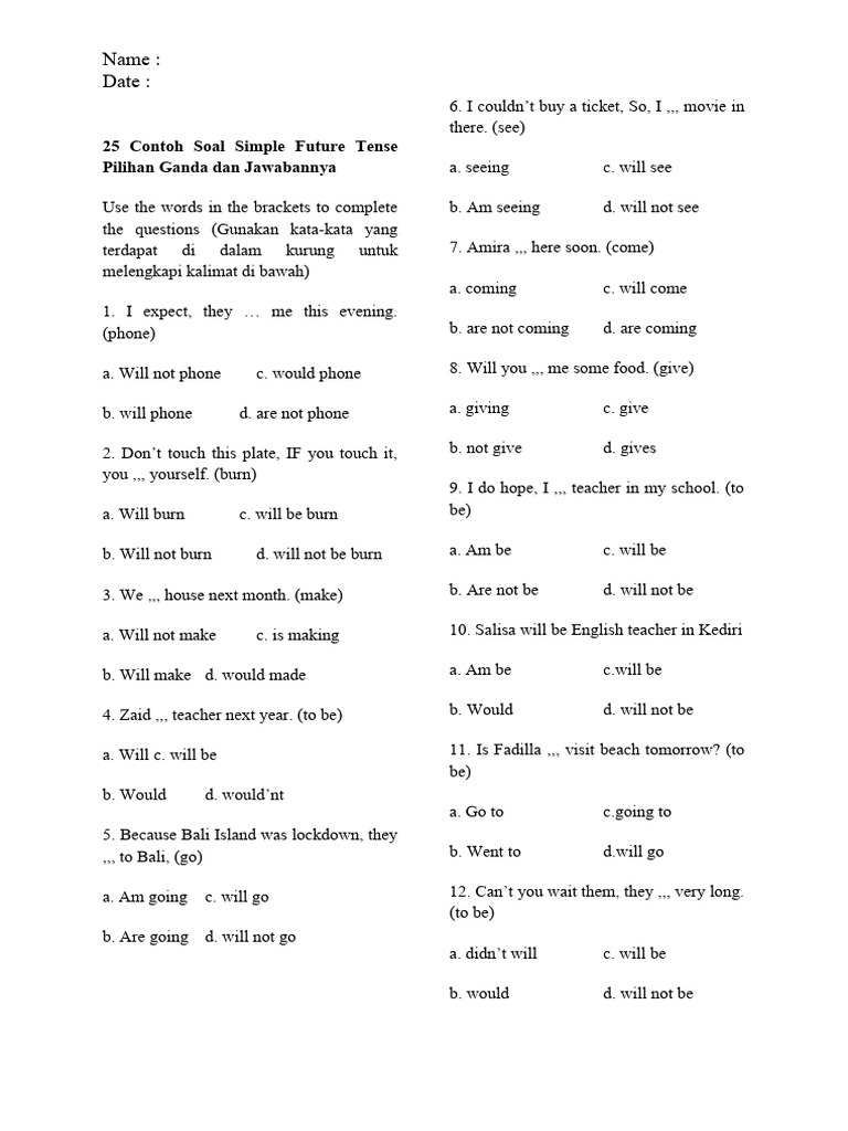 25 Contoh Soal Simple Future Tense Pilihan Ganda Dan Jawabannya | PDF