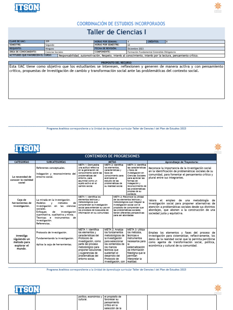 209 _programa_taller de Ciencias i 2023 .Docx | PDF | Plan de estudios | Investigación social