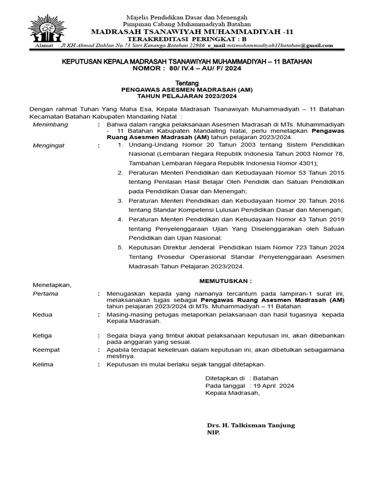 4 SK Pengawas Asesmen Madrasah Tahun 2024 | PDF
