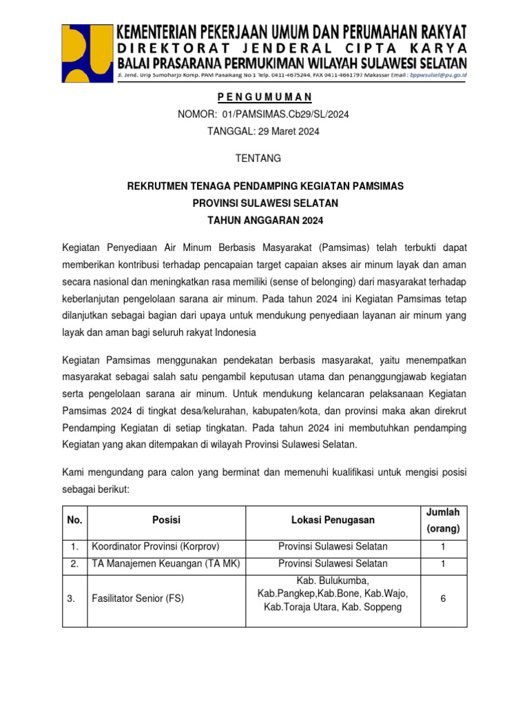 Pengumuman Rekrutment Fasilitator PAMSIMAS 2024 | PDF | Bisnis