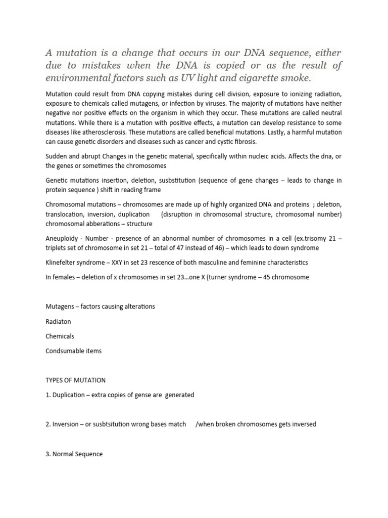 Notes On Mutation | PDF | Mutation | Genetic Disorder