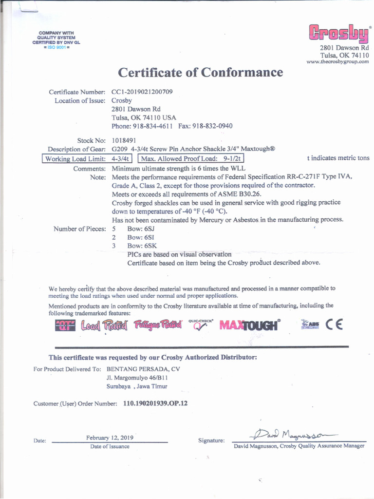 Shackle 3-4 Merk Crosby Type G209 | PDF