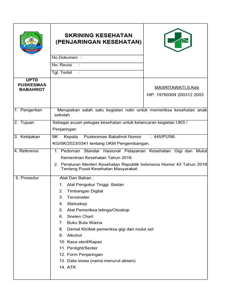2.7.1.c SOP UKM Pengembangan (Skirining Kesehatan) | PDF | Sains ...