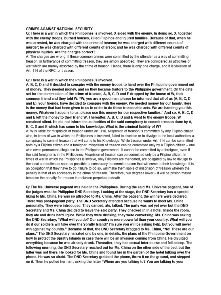 Prosec Notes Crim 2 Essay Qs | PDF | Treason | Police