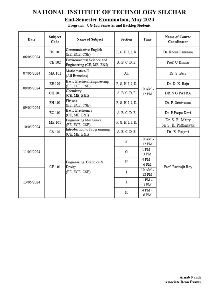 End Sem Time Table 4th Sem | Download Free PDF | Engineering | Electronic Engineering