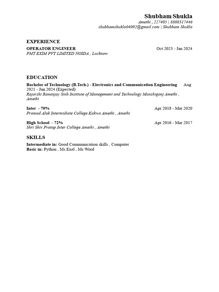 Shubham Shukla: Experience | PDF