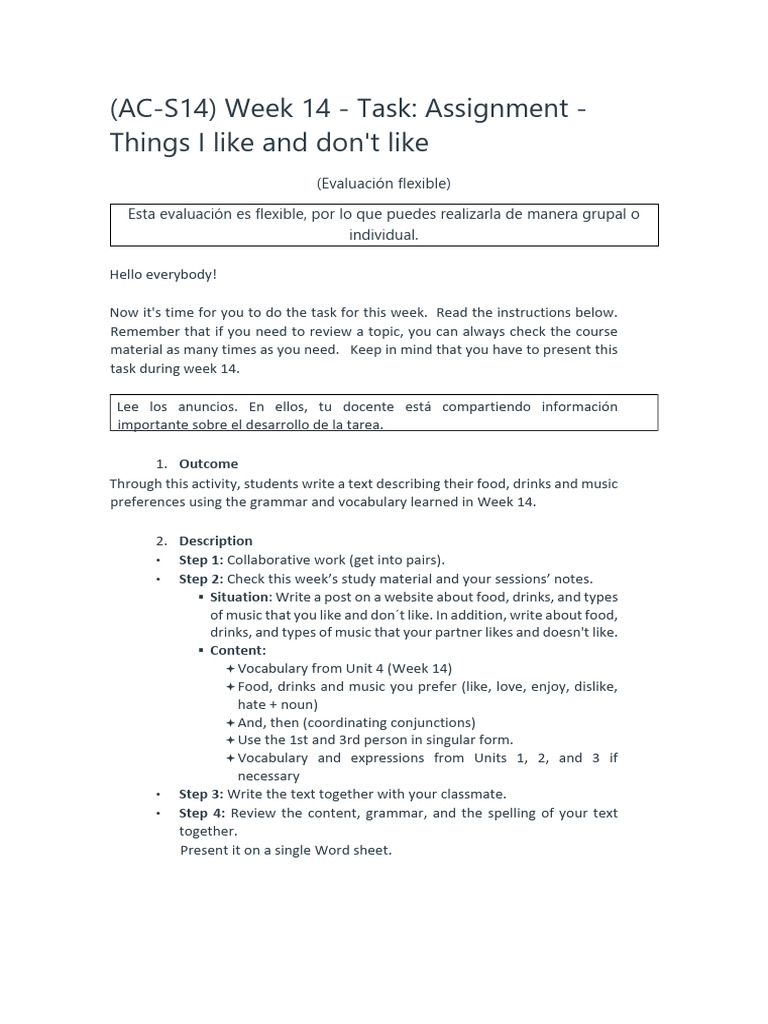 Week 14 - Instructions - Task Assignment - Things I Like and Don't Like ...