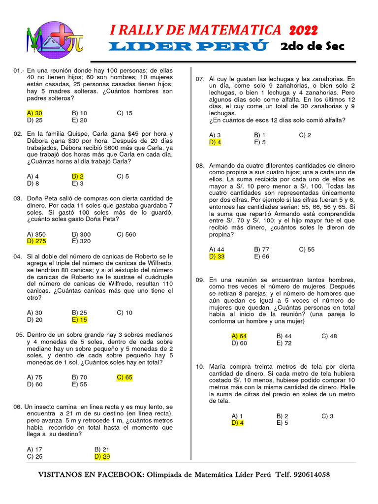 EXAMEN 2DO SEC MAT | PDF | División (Matemáticas) | Matemática Elemental