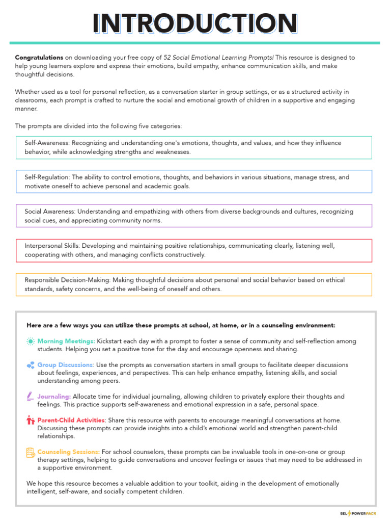 52 Social Emotional Learning Prompts | Download Free PDF | Empathy ...