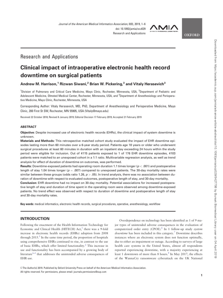 2019 Clinical Impact of Intraoperative Electronic Health Record Downtime On Surgical Patients ...