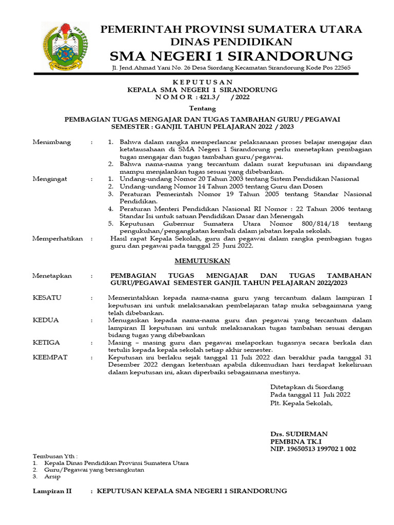 SK Pembagian Tugas 2022-2023 Semester Ganjil | PDF