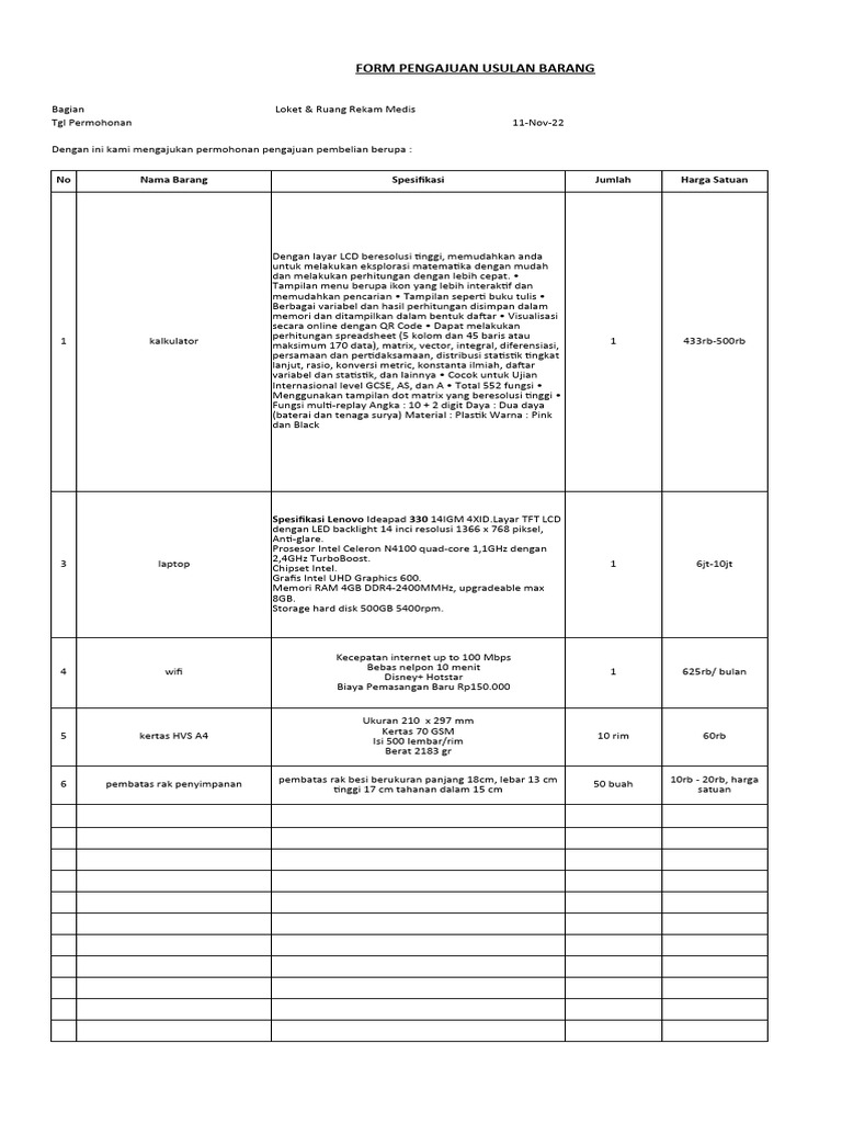 Form Usulan Barang Loket Dan Ruang Rekam Medis | PDF