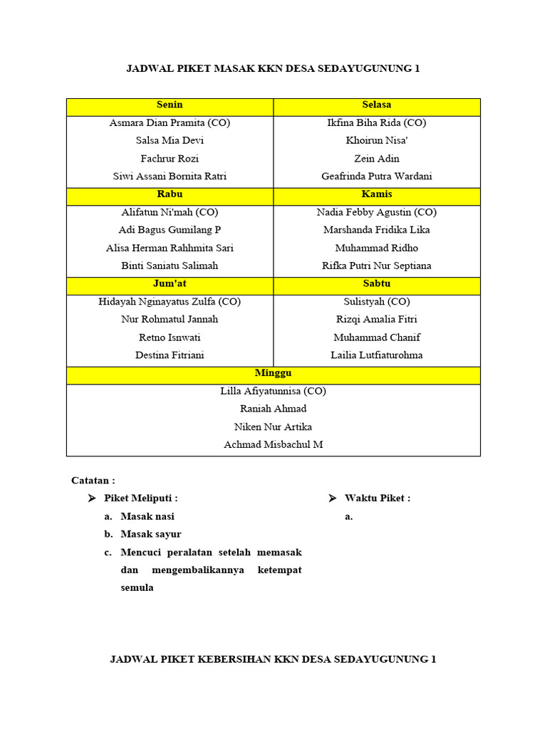 Contoh jadwal piket kkn | PDF