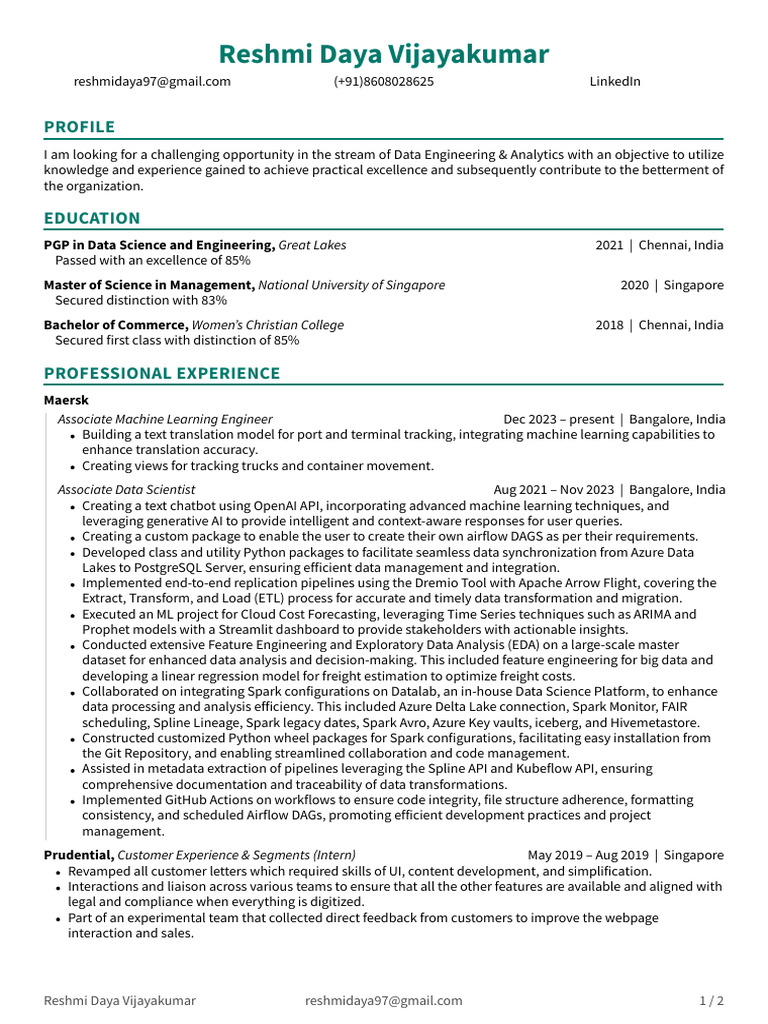 Reshmi Daya Vijayakumar Resume Jan 24 | PDF | Apache Spark | Data Analysis