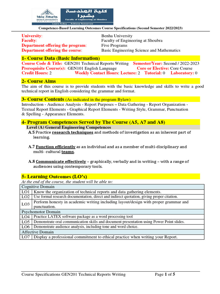 GEN201 Course Specs 232 | PDF | Lecture | Learning