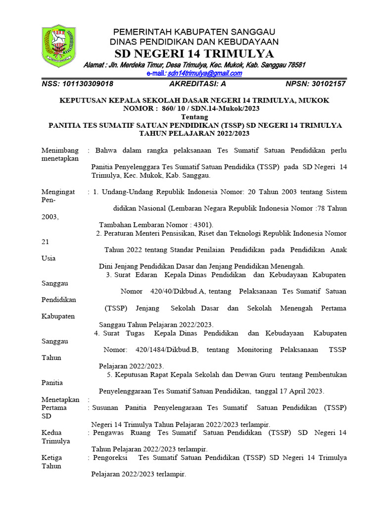 Sk. Panitia Tes Sumatif Satuan Pendidikan (Tssp) 2022-2023 | PDF