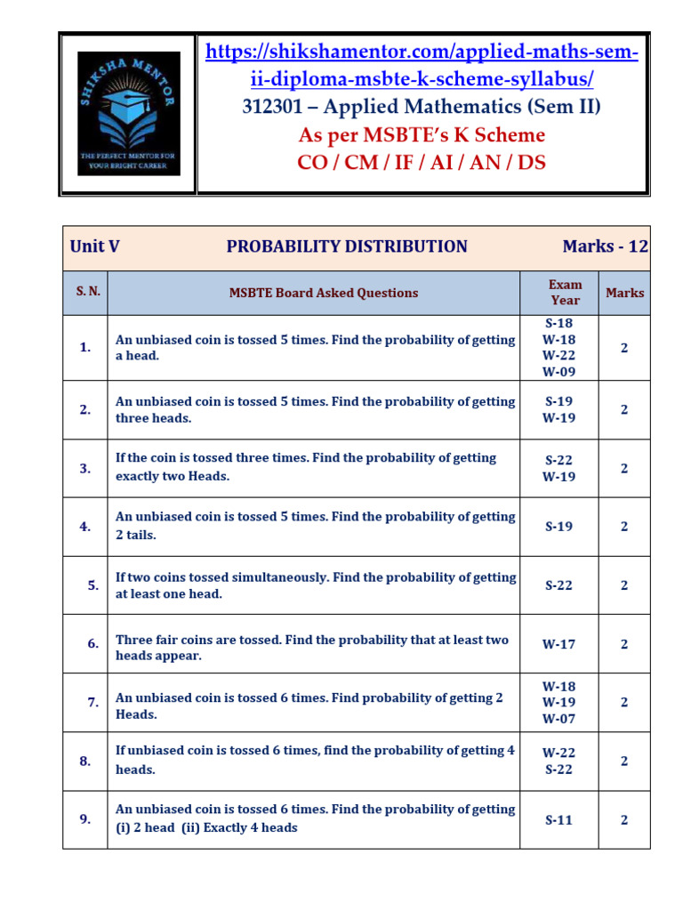 Unit V Probability Distribution Marks 12 | PDF | Standard Deviation ...
