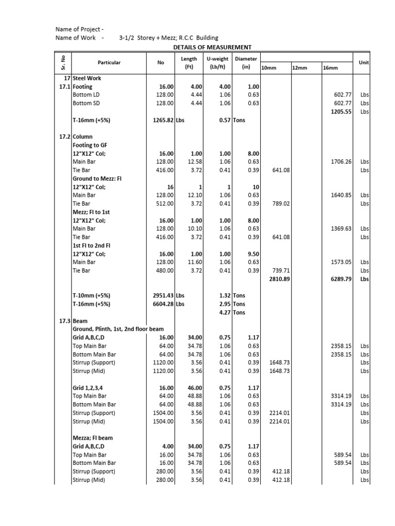 Steel Calculation for RCC Building | PDF | Units Of Measurement