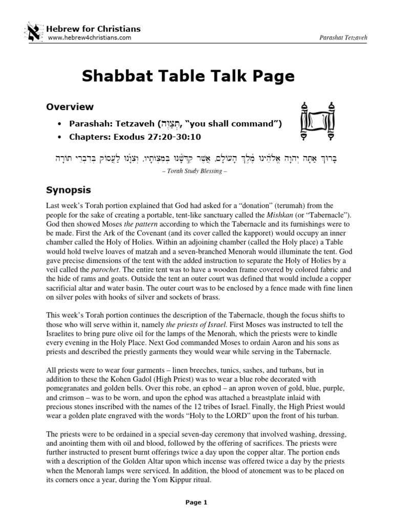 Shabbat Table Talk Page Tet Zav Eh | PDF | Tabernacle | Torah Books