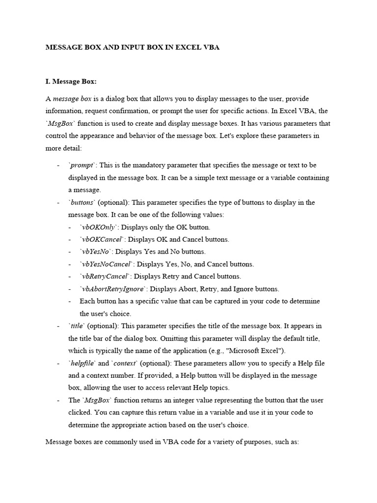 Message Box And Input Box In Excel Vba Pdf Parameter Computer Programming Microsoft Excel 1138