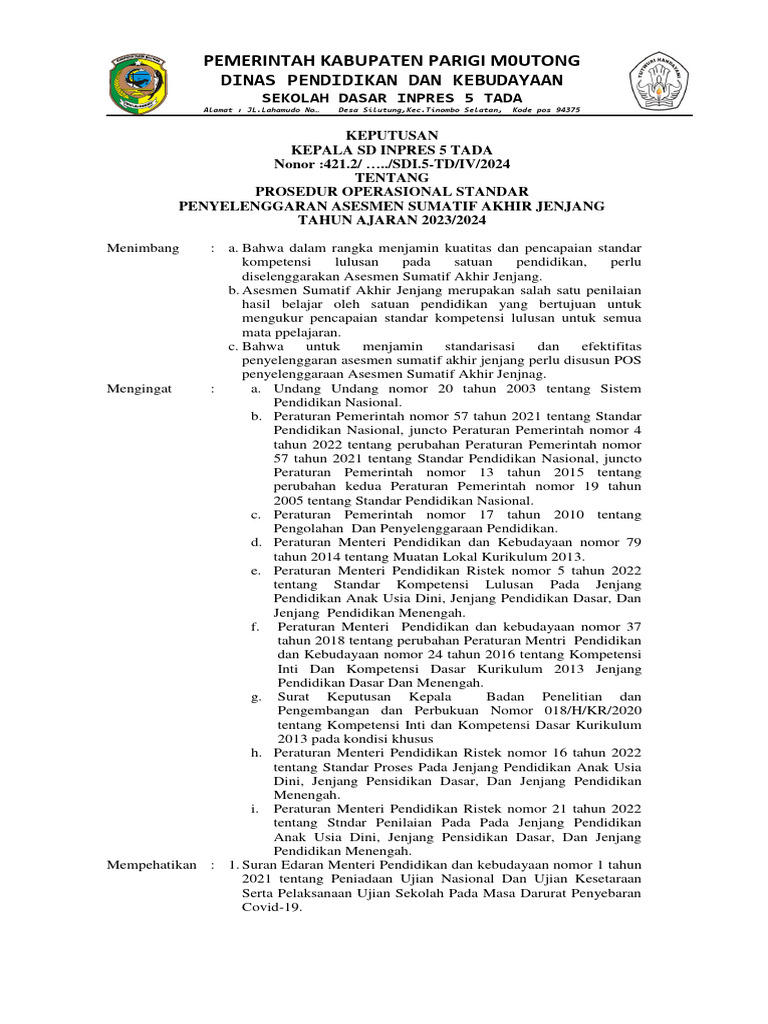 Pos Asesmen SD Inpres 5 Tada | PDF