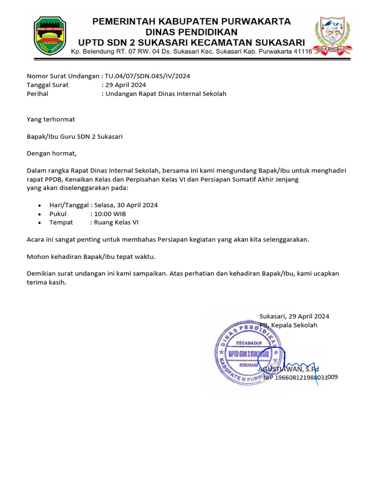 Undangan Rapat Dinas Internal Sekolah | PDF