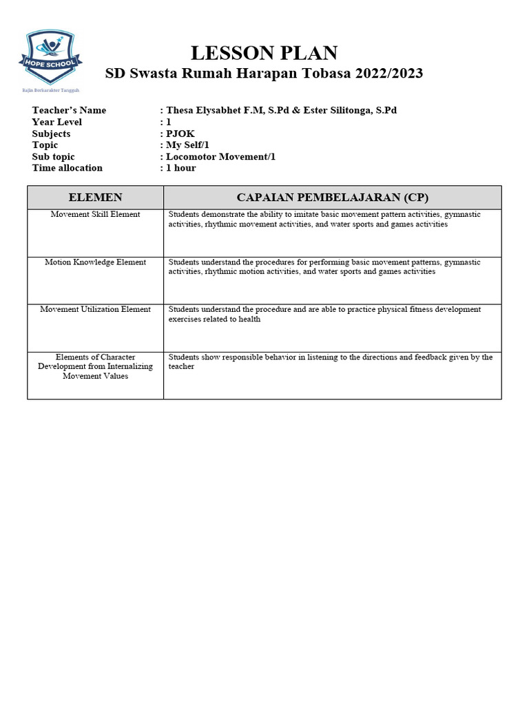 Year 1 PJOK Lesson Plan: Locomotor Movement | PDF | Lesson Plan | Teachers