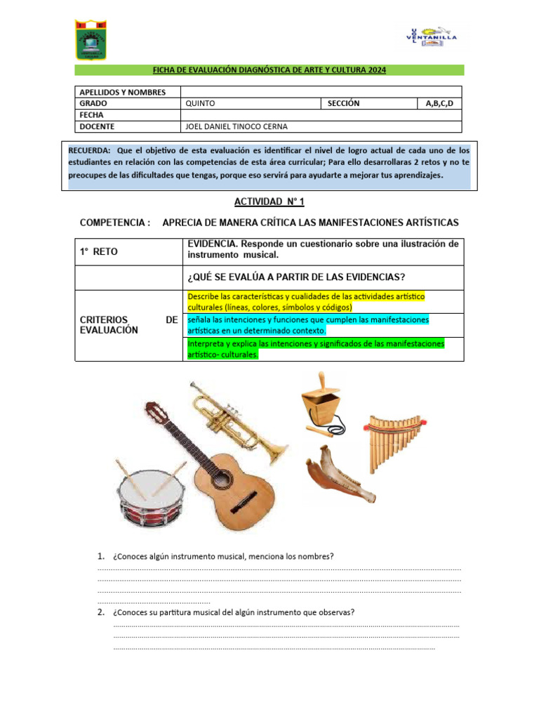 Ficha De Evaluación Diagnóstica De Arte Y Cultura 5to 2024 Pdf 9329