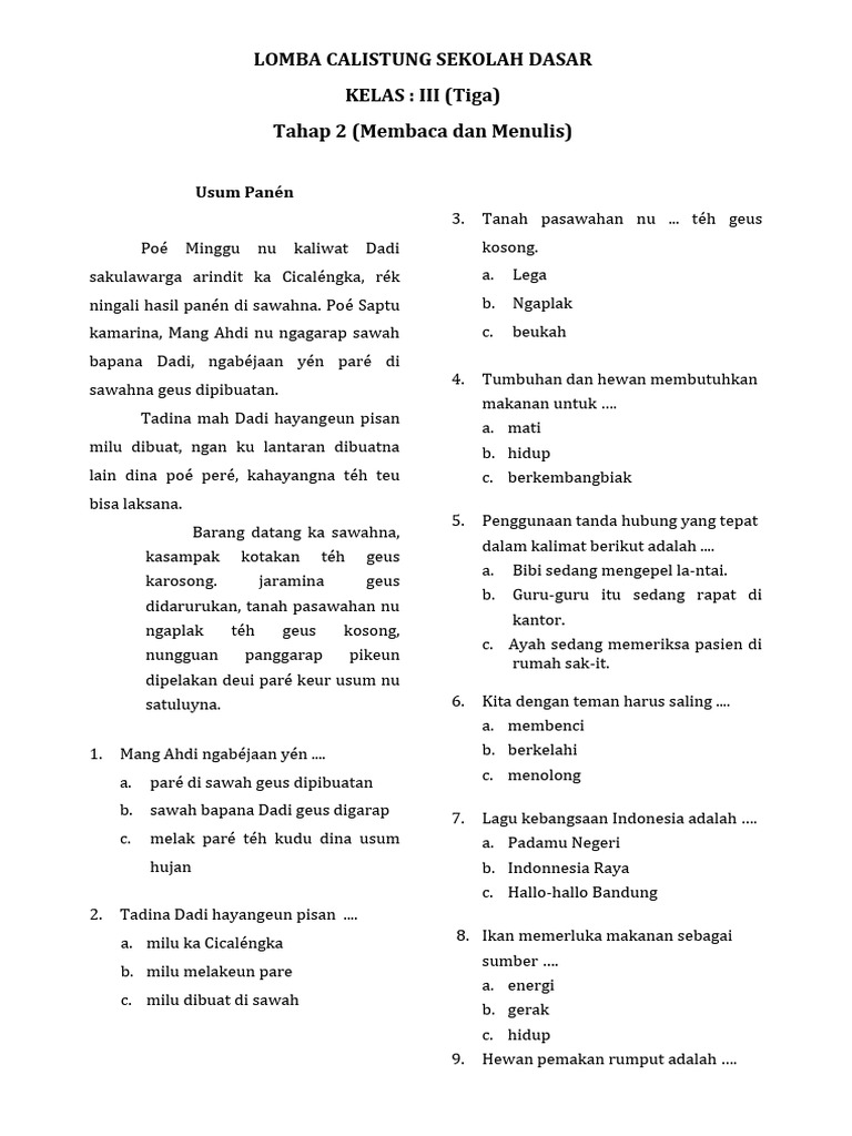 Soal Calistung Kelas 3 Tahap 2 | PDF