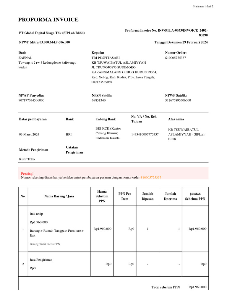 Proforma Invoice S10005775337 | PDF