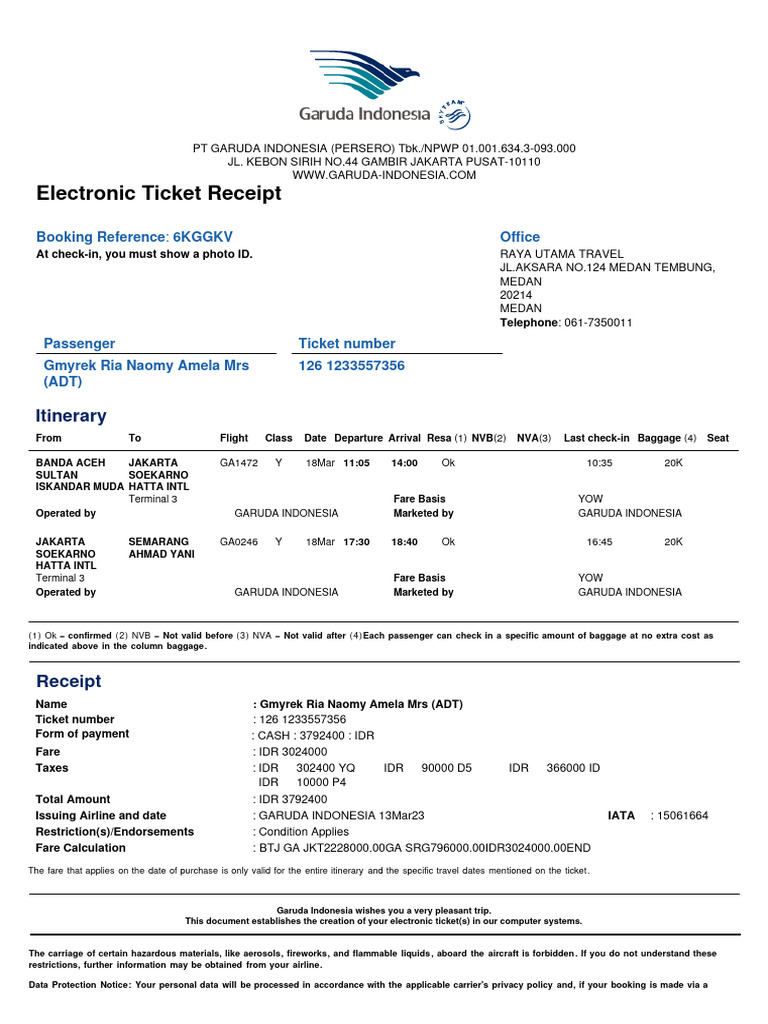 Garuda Indonesia Electronic Ticket Receipt | PDF | Aviation | Airlines
