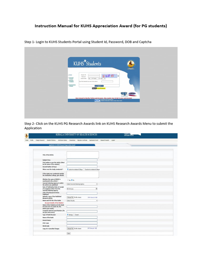 Instruction Manual For KUHS PG Appreciation Award 1 | PDF