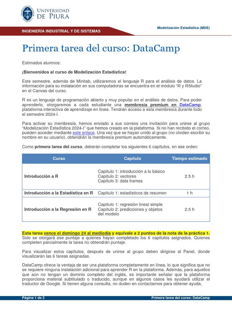 Primera Tarea Del Curso - DataCamp | PDF | Estadísticas | Tecnologías de la información