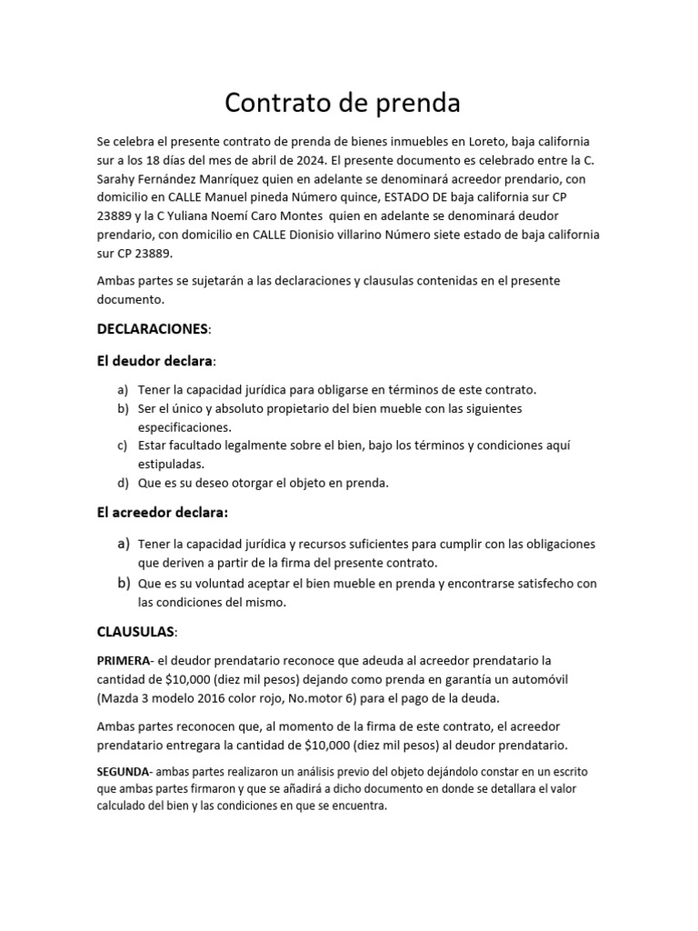 Contrato de Prenda | PDF | Pagos | Derecho empresarial