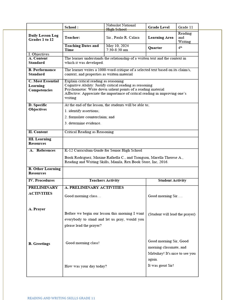 Lesson Plan Demo Grade 11 | PDF | Intertextuality | Tide