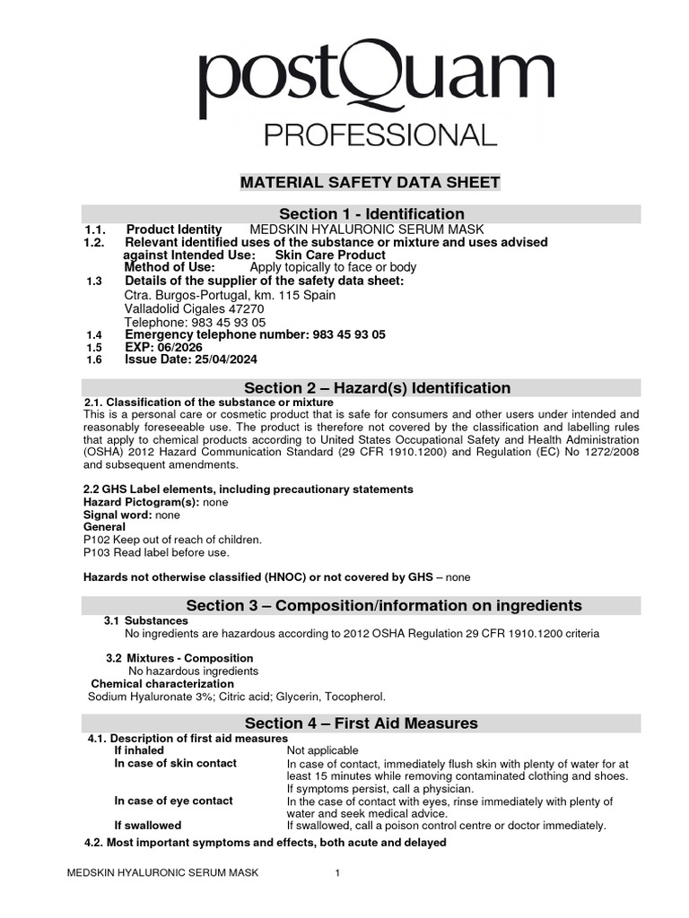 SDS Skin Hydrating Mask | PDF | Toxicity | Safety