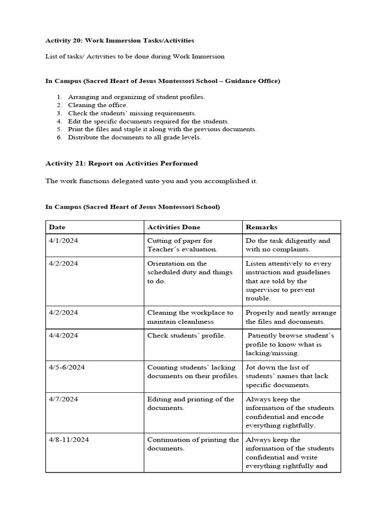 IN CAMPUS (Activity 20 - 24) - Work Immersion Tasks - Activities | PDF