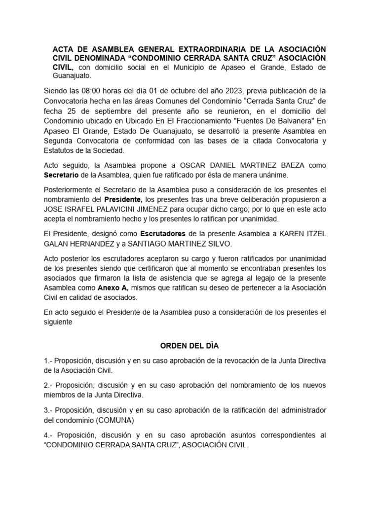Acta de Asamblea General Extraordinaria de La Asociación Civil Denominada "Condominio Cerrada ...