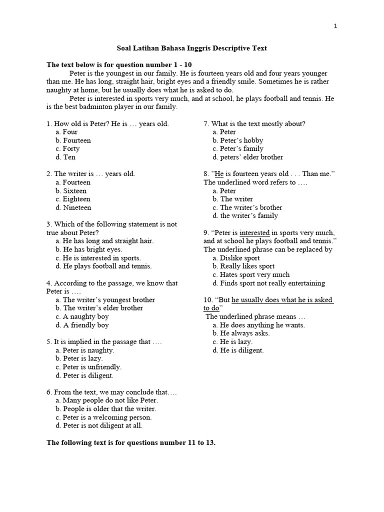 Soal Latihan Bahasa Inggris Descriptive Text | PDF | Shoe