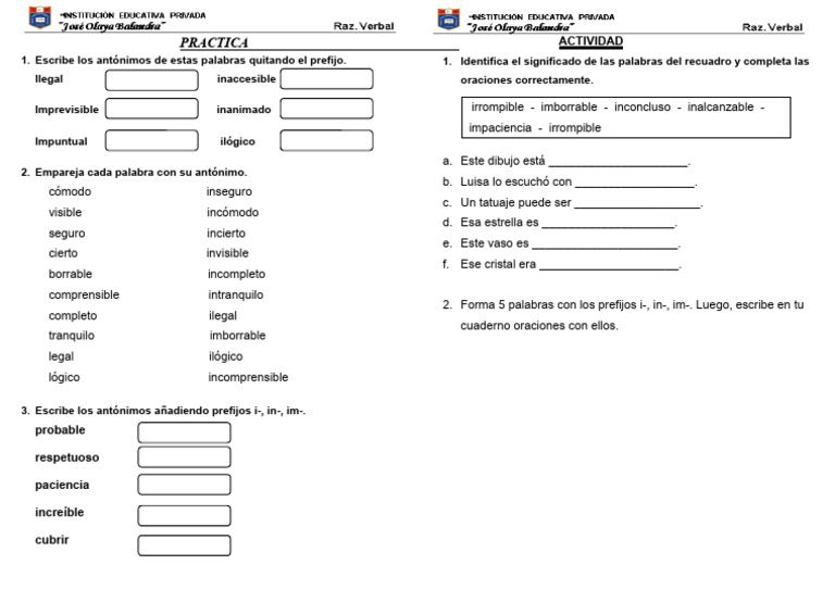 Ejercicios de Prefijos I-, In-, Im- | PDF
