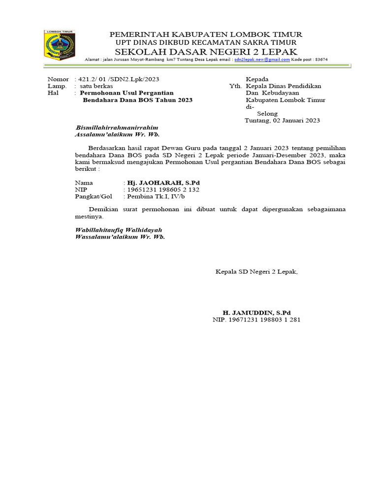Contoh Lampiran Surat Usul Bendahara Bos 2023 | PDF