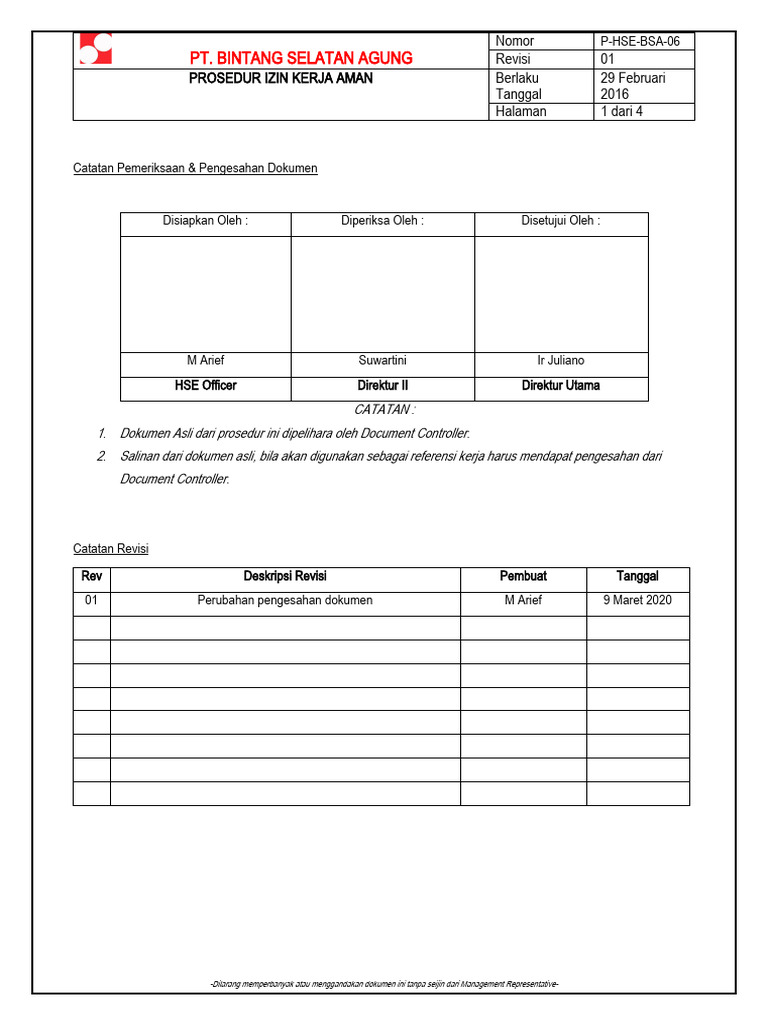 Prosedur Izin Kerja Aman PT Bintang Selatan | PDF