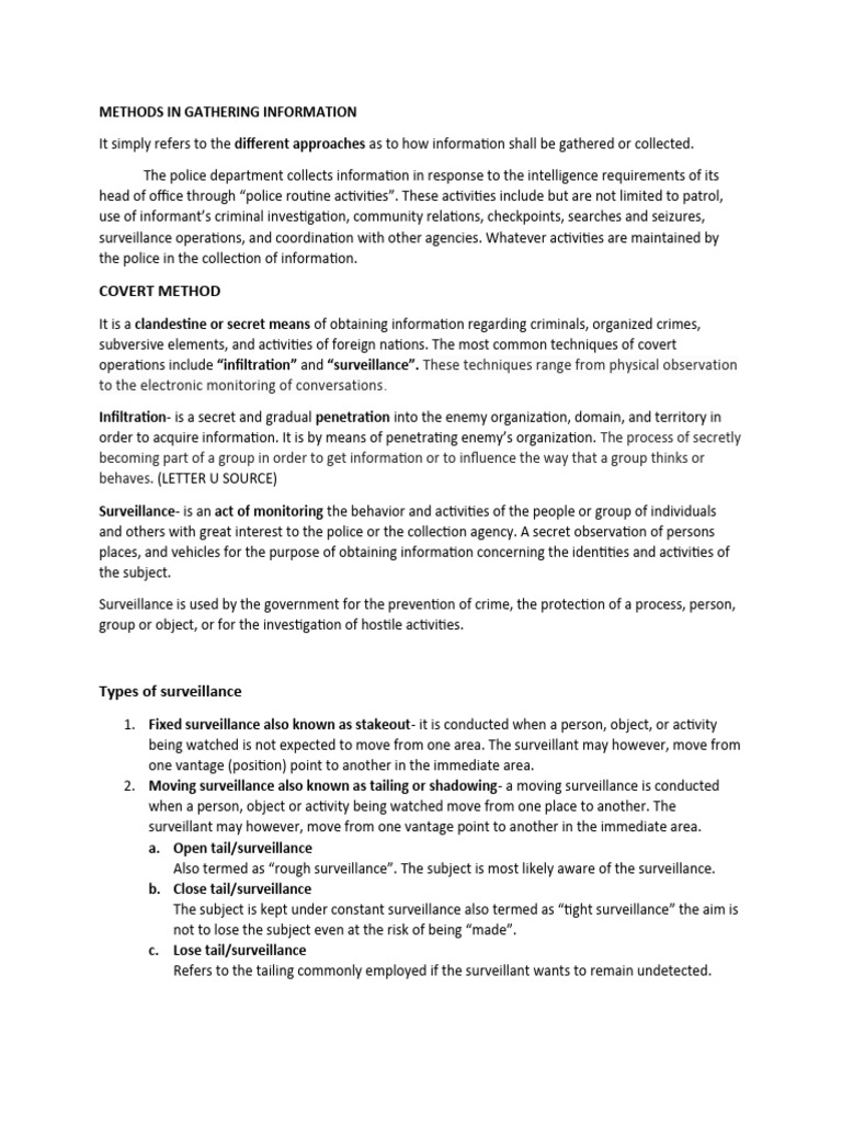 Methods in Gathering Information | PDF | Surveillance | Police
