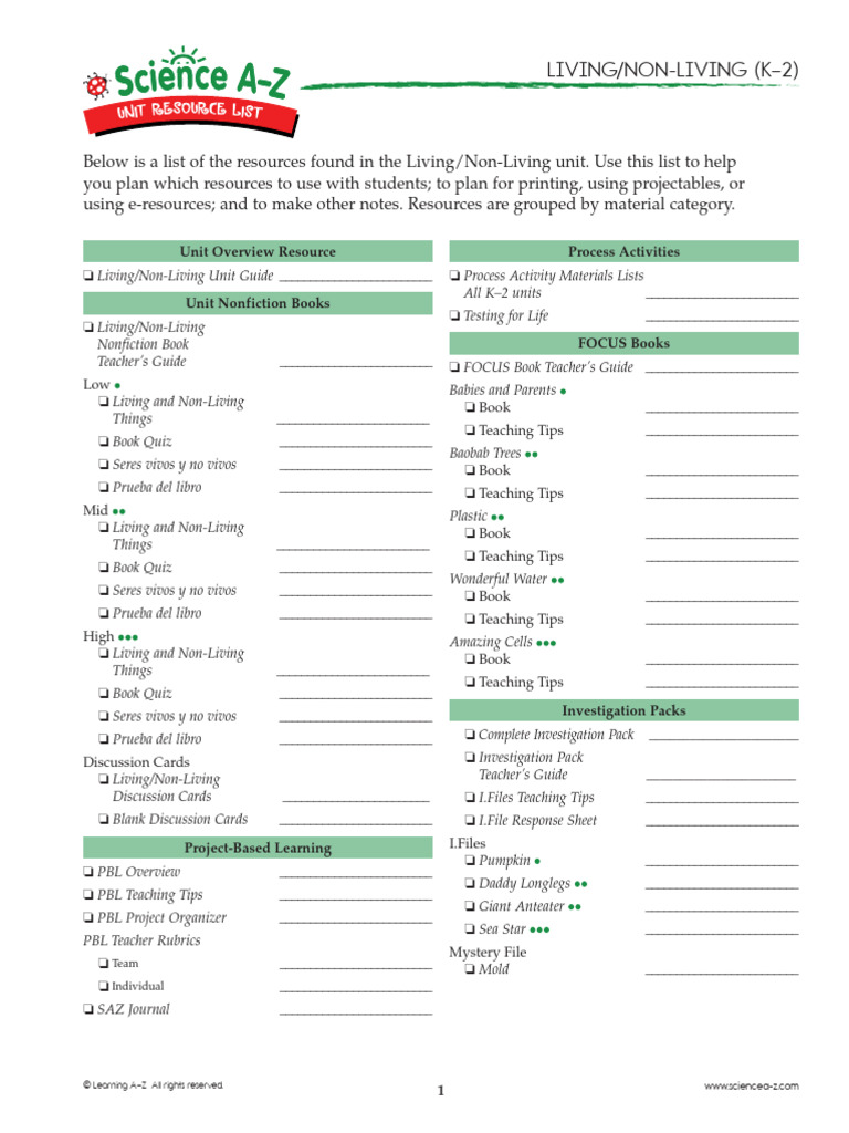 Living/Non-Living Unit Resource List | PDF | Self-Improvement