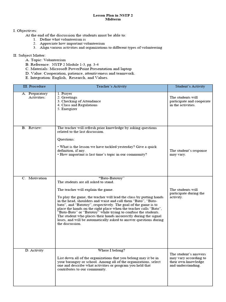 Lesson Plan | PDF | Volunteering | Self Esteem