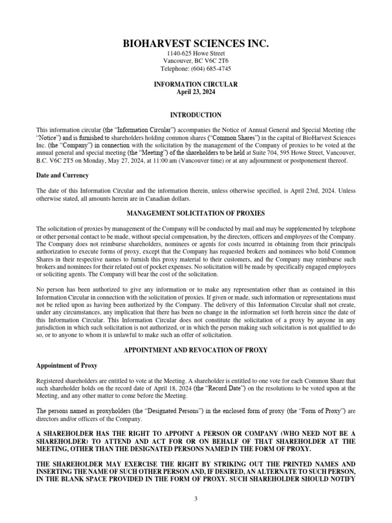 Information Circular - BioHarvest Sciences | PDF | Bankruptcy | Proxy Voting